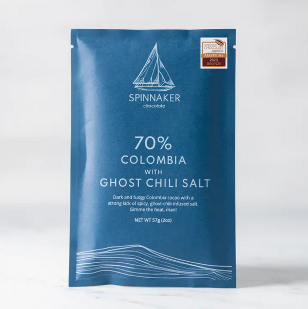 Spinnaker -70% Colombia with Ghost Chili Salt - Chocology Unlimited